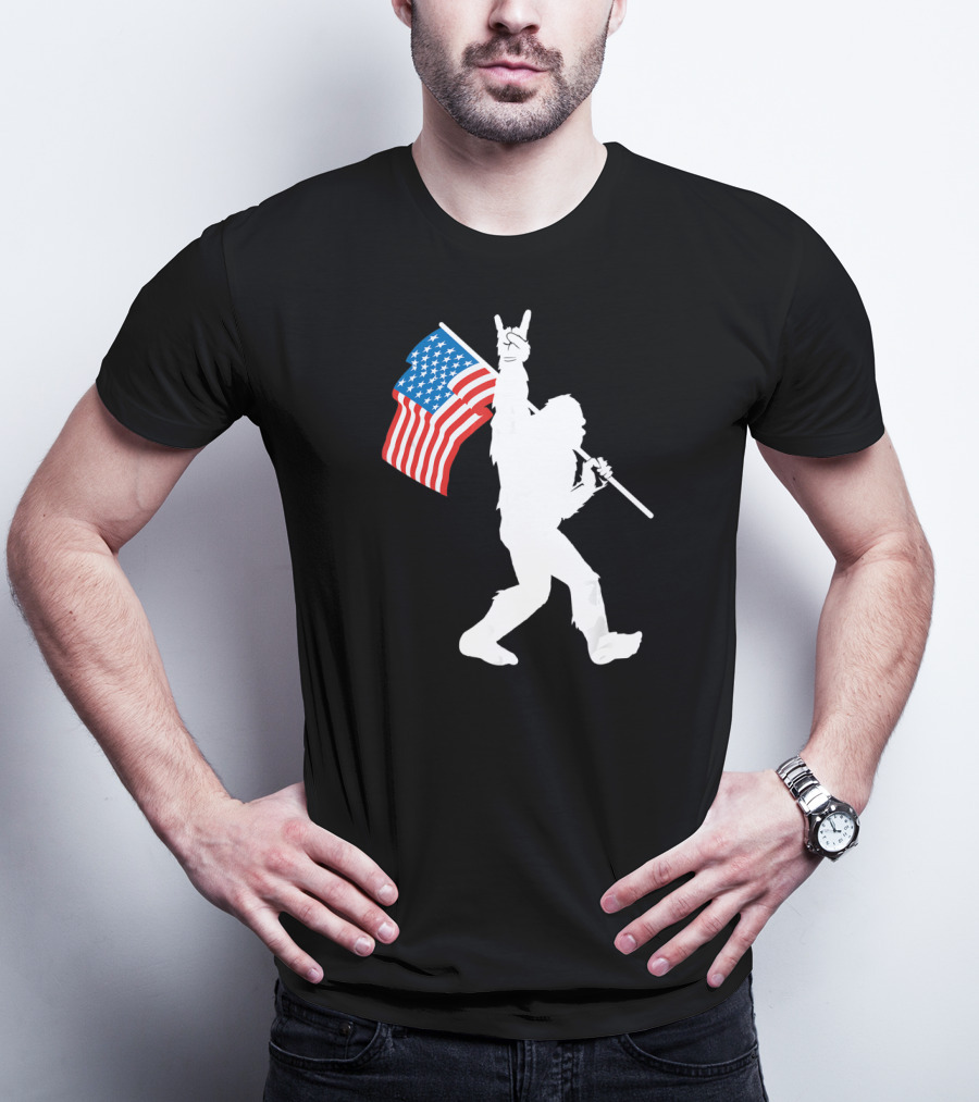 Bigfoot Rock Roll USA Flag Sasquatch Rock And Roll Gesture T-Shirt
