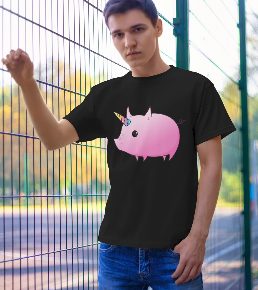 Unicorn Pig Rainbow Horn Adorable Cartoon Character T-Shirt