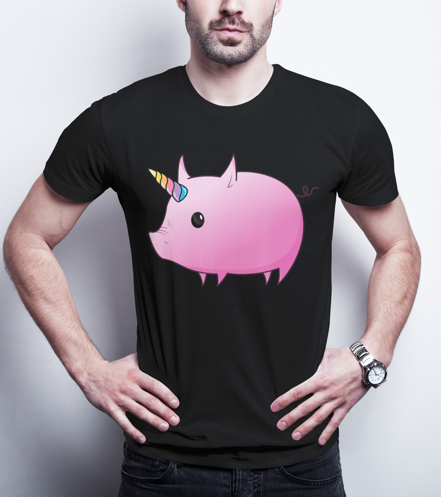 Unicorn Pig Rainbow Horn Adorable Cartoon Character T-Shirt