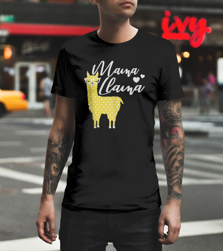 Mama Llama Yellow Polka Dots With Glasses And Hearts T-Shirt