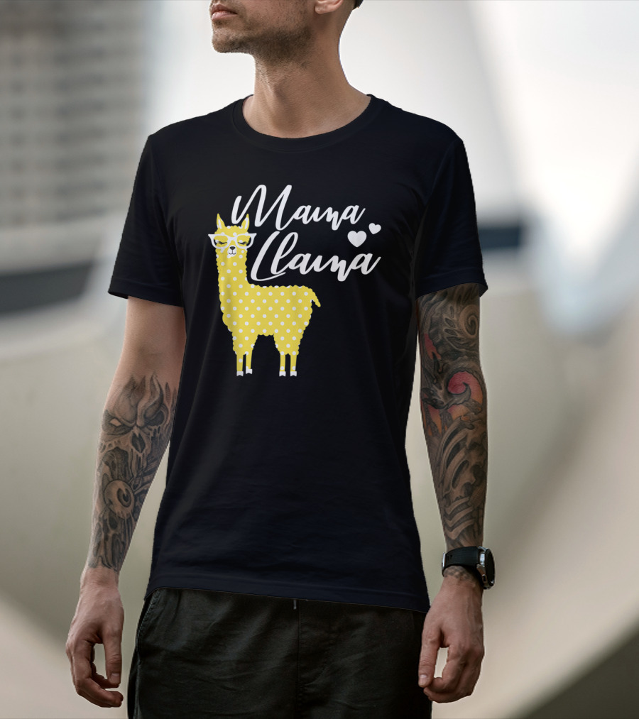 Mama Llama Yellow Polka Dots With Glasses And Hearts T-Shirt