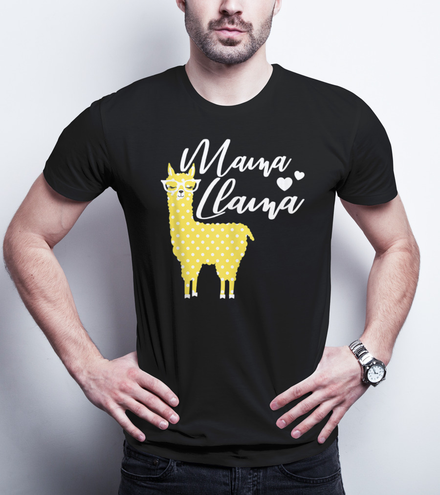 Mama Llama Yellow Polka Dots With Glasses And Hearts T-Shirt