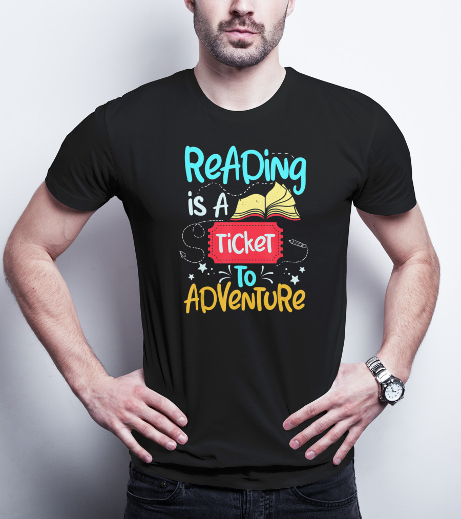 Reading Is A Ticket To Adventure Book Open Pages Stars Pencils T-Shirt