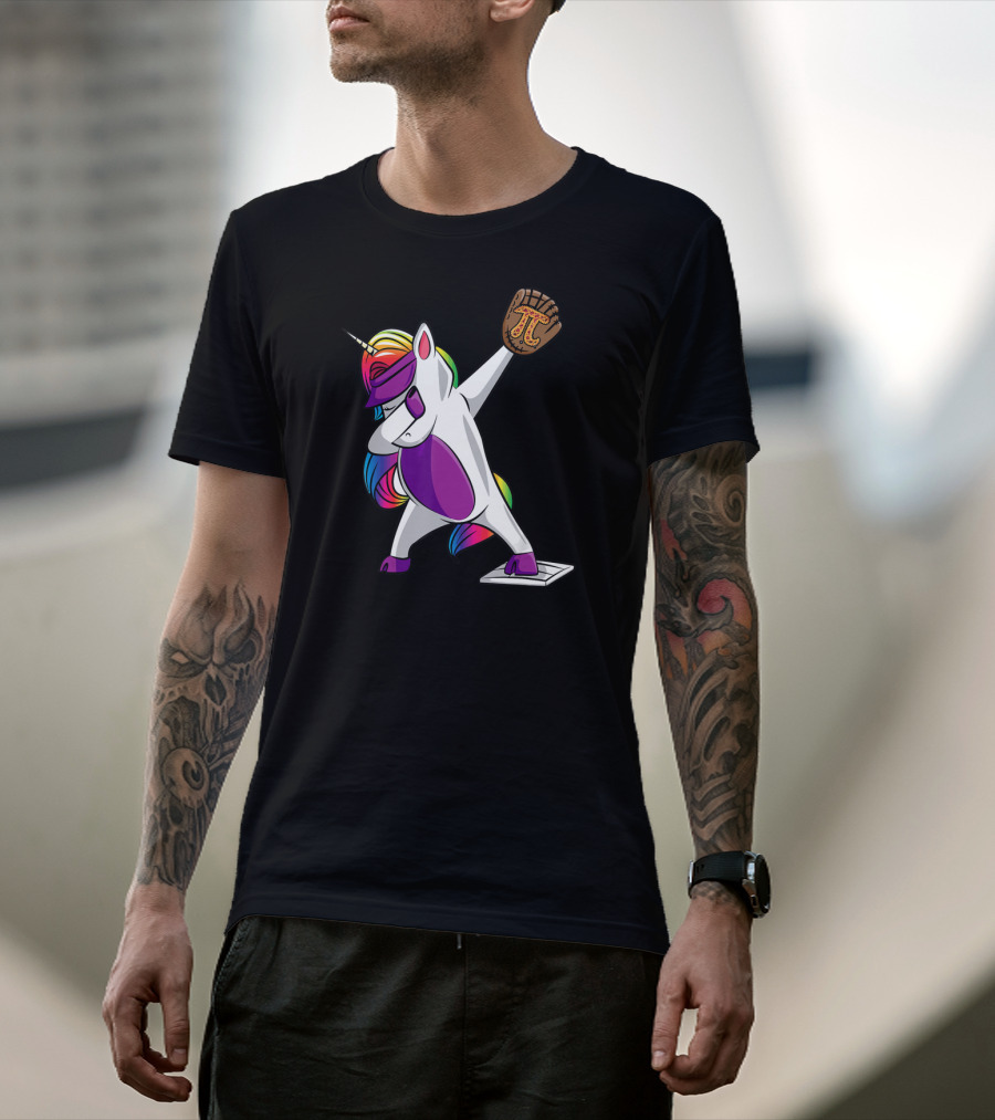 Pi Day Baseball Dabbing Unicorn Rainbow Glove T-Shirt
