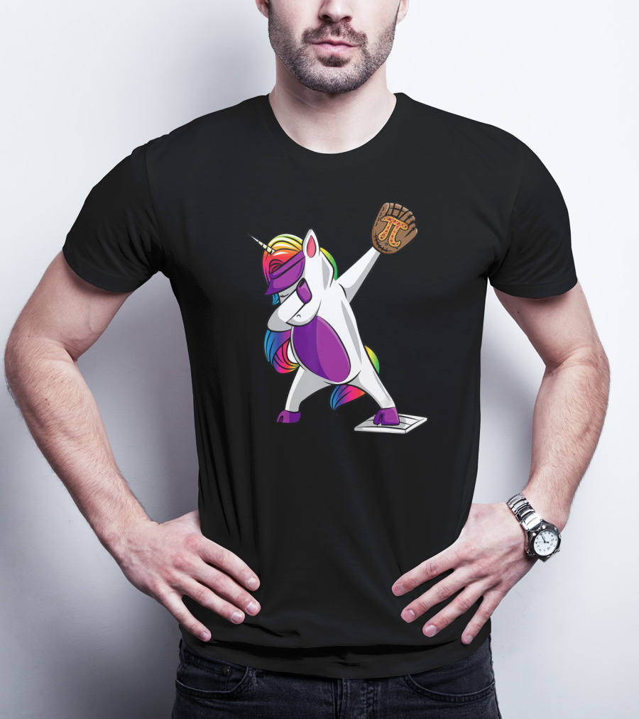 Pi Day Baseball Dabbing Unicorn Rainbow Glove T-Shirt