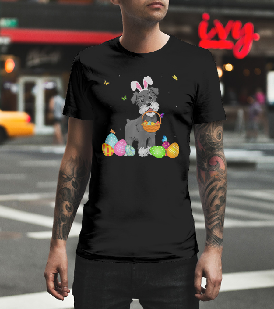Bunny Schnauzer With Basket And Eggs Easter Day T-Shirt
