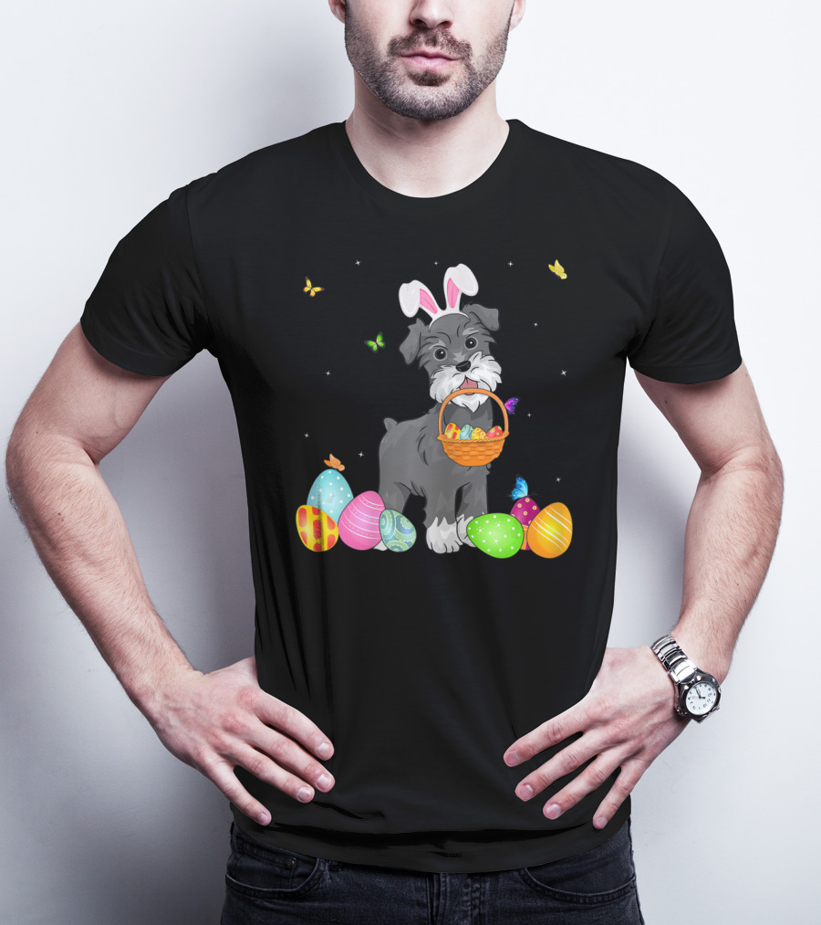 Bunny Schnauzer With Basket And Eggs Easter Day T-Shirt