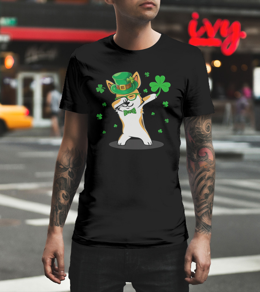 Dabbing Corgi With Shamrocks And Leprechaun Hat For St. Patrick's Day T-Shirt