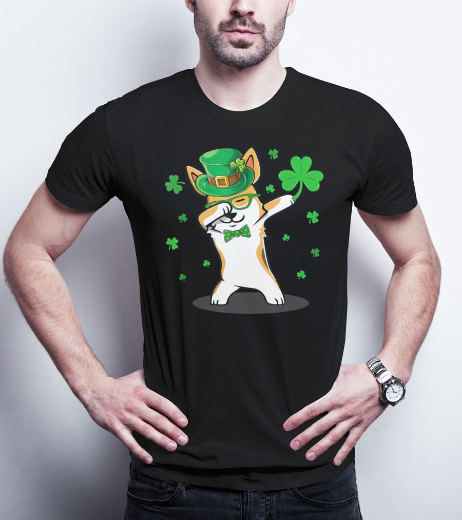 Dabbing Corgi With Shamrocks And Leprechaun Hat For St. Patrick's Day T-Shirt