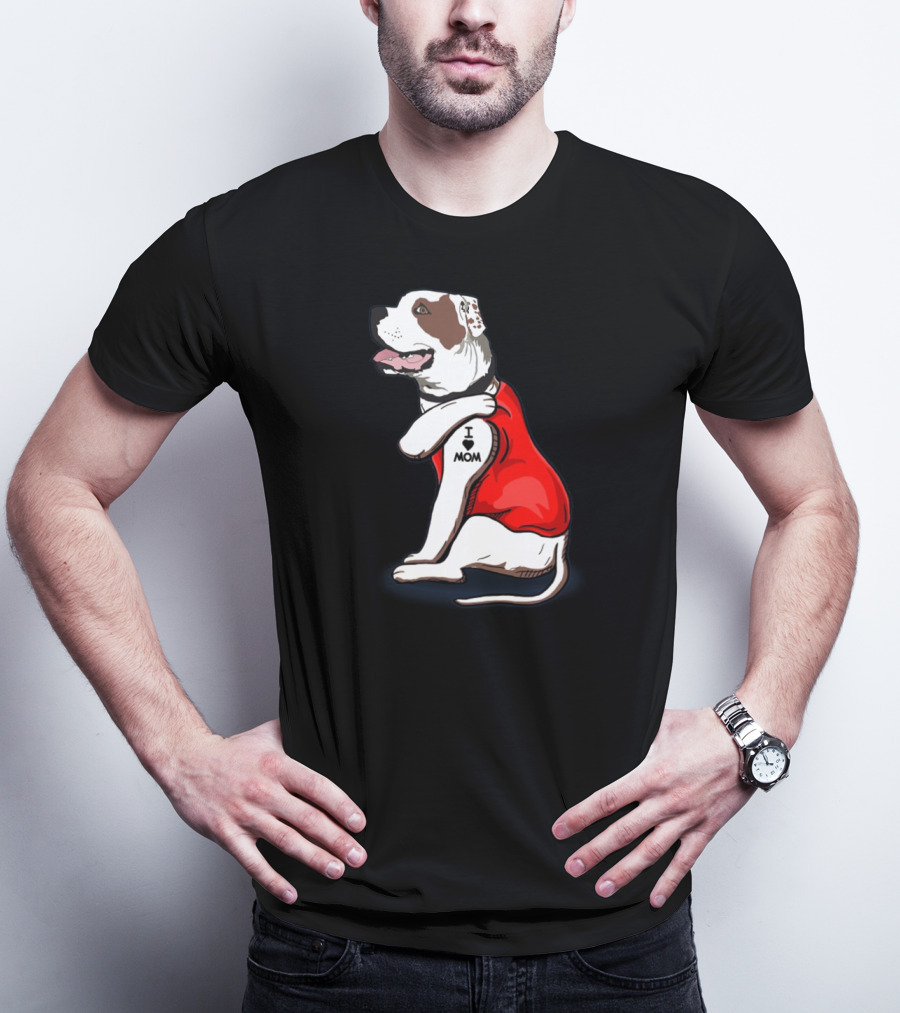 American Bulldog Wearing I Love Mom Tattoo Paw Sleeve T-Shirt