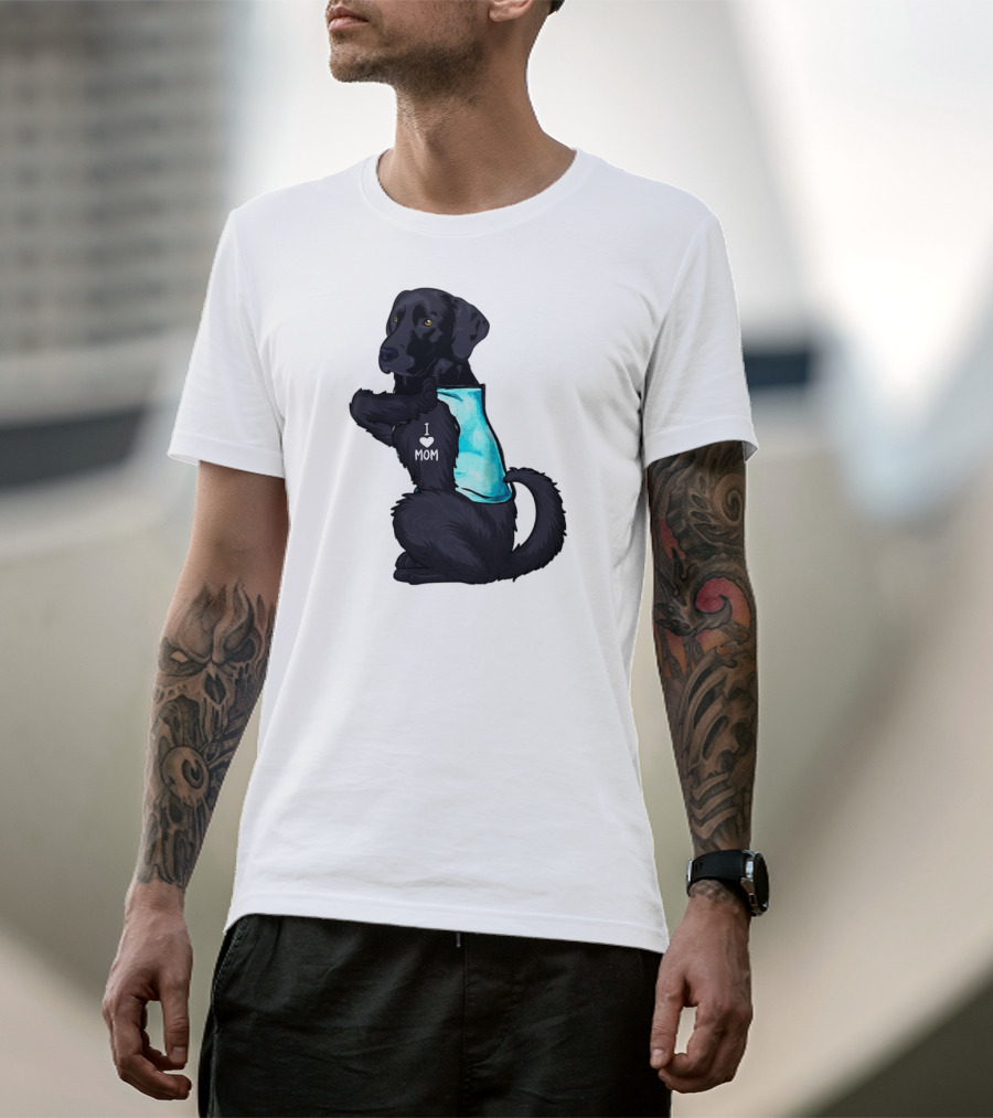 Black Labrador Dog With I Love Mom Heart Tattoo T-Shirt