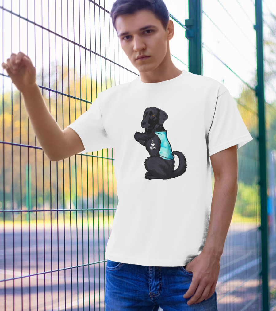 Black Labrador Dog With I Love Mom Heart Tattoo T-Shirt