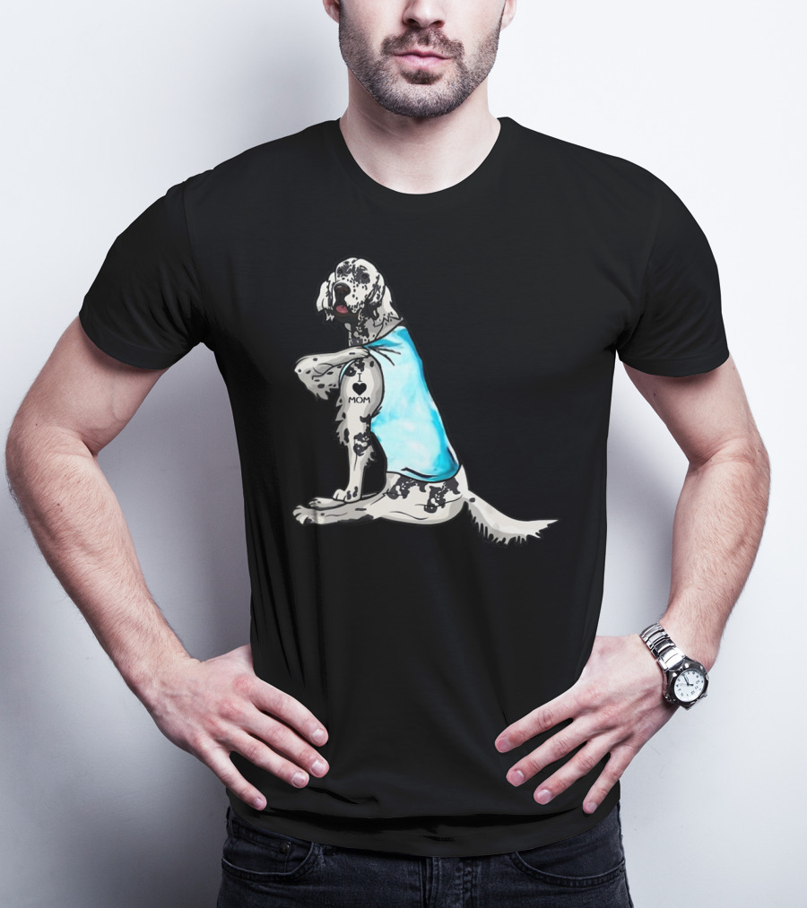 English Setter With I Love Mom Tattoo And Blue Bandana T-Shirt