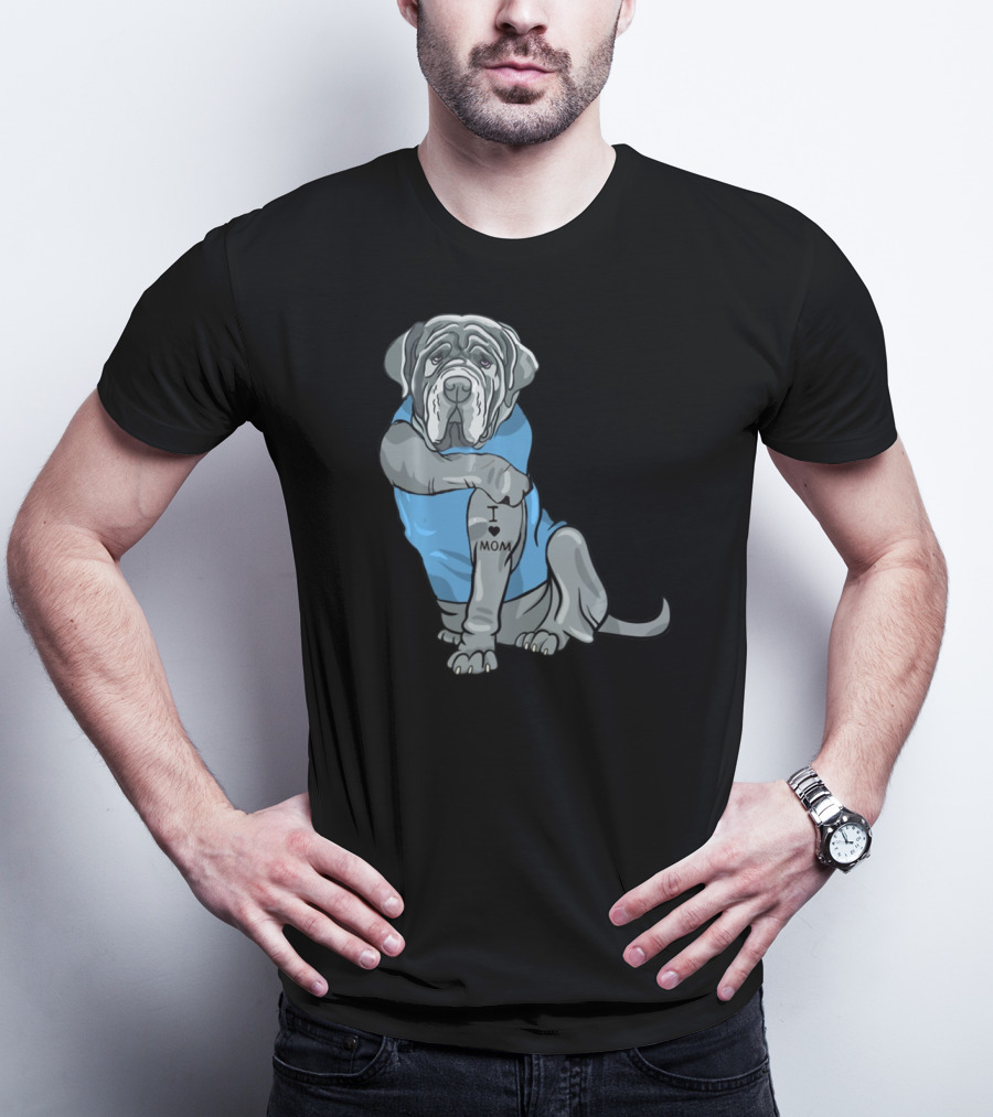 Neapolitan Mastiff I Love Mom Tattoo Dog Wearing Blue T-Shirt