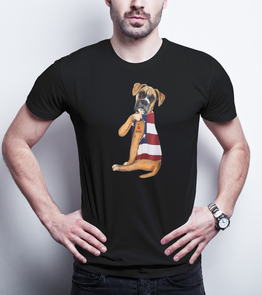 Boxer Dog I Love Dad American Flag T-Shirt