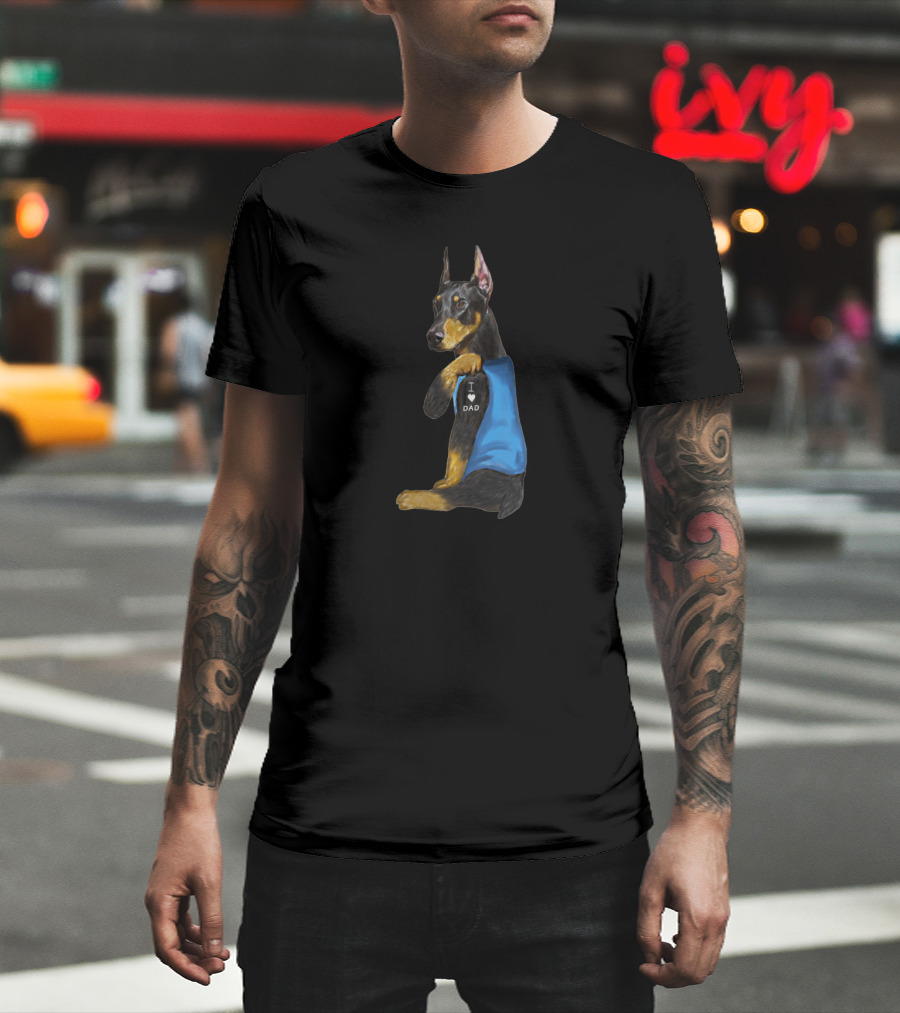 Dobermann I Love Dad Wearing Blue Vest T-Shirt