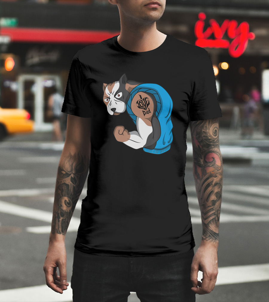 Funny Pit Bull Dog I Love Dad Tattoo Flexing Arm T-Shirt