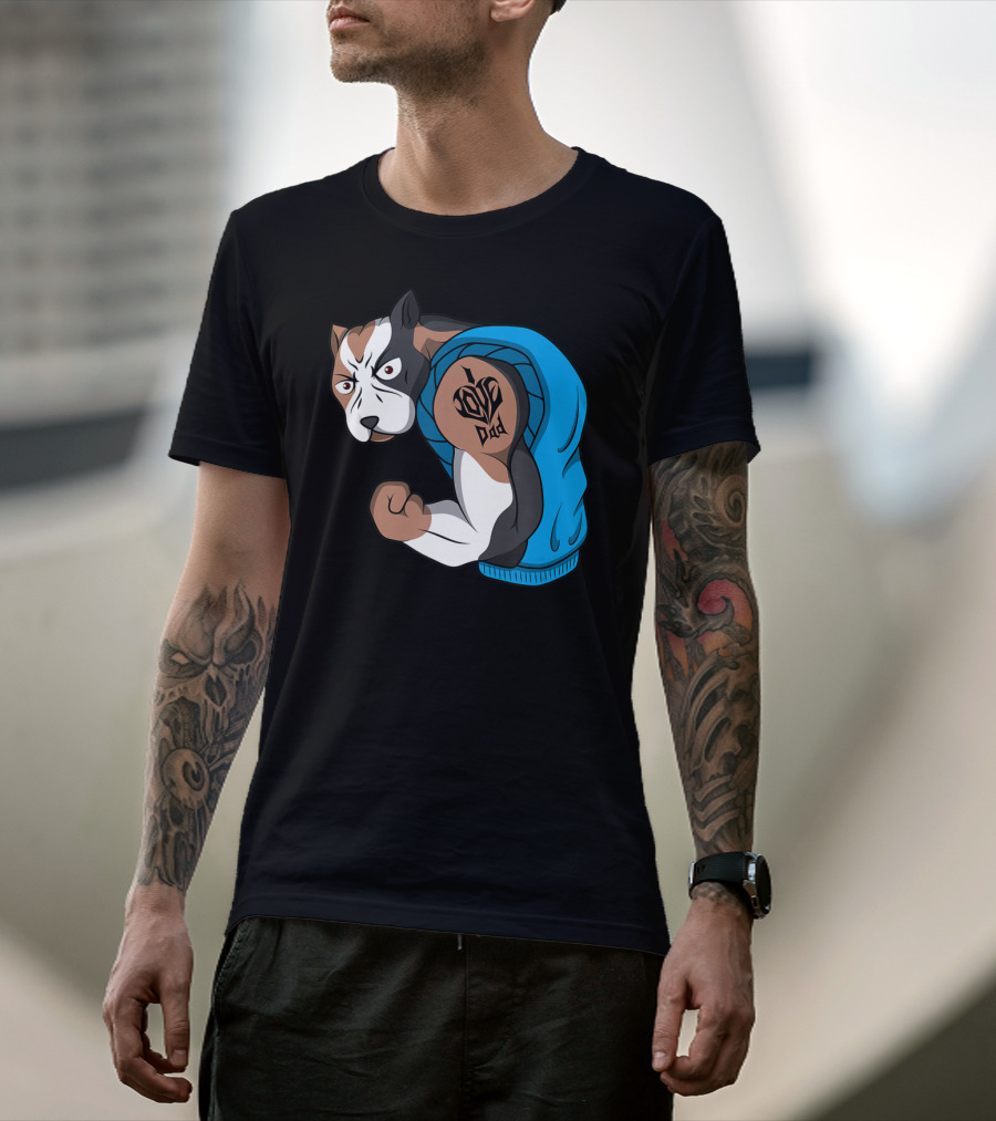 Funny Pit Bull Dog I Love Dad Tattoo Flexing Arm T-Shirt