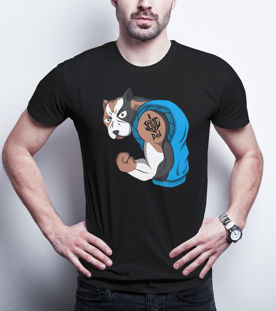 Funny Pit Bull Dog I Love Dad Tattoo Flexing Arm T-Shirt