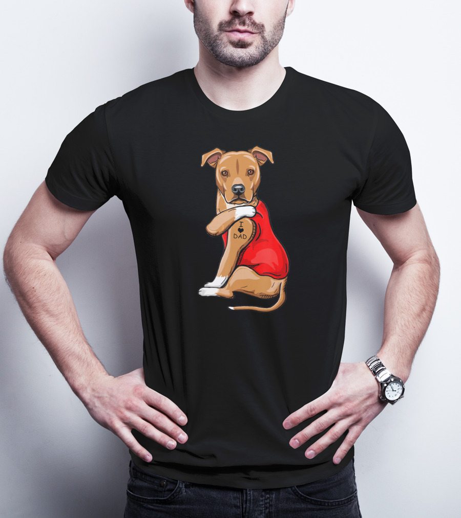 Staffordshire Terrier I Love Dad Tattoo Dog In Red T-Shirt