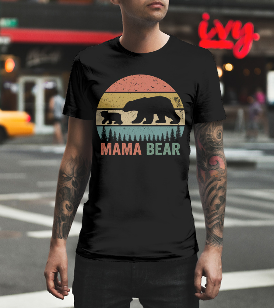 Mama Bear With Baby Cub Retro Sunset Silhouette Nature Scene T-Shirt