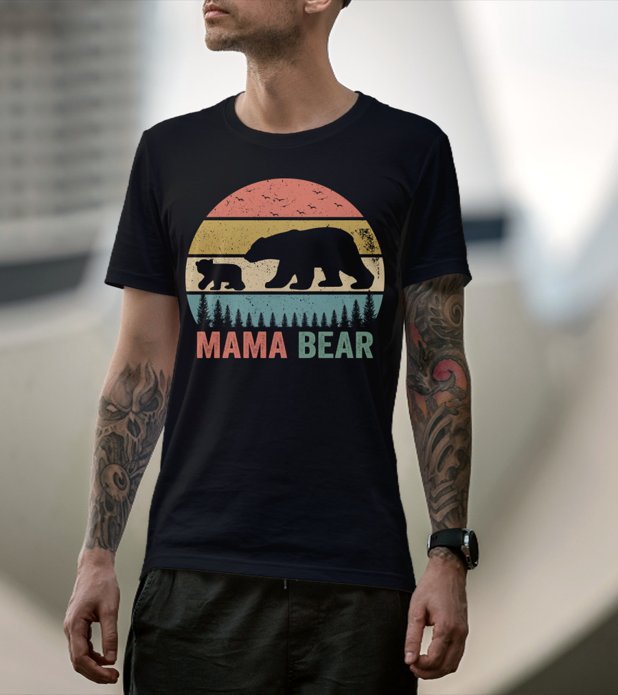 Mama Bear With Baby Cub Retro Sunset Silhouette Nature Scene T-Shirt