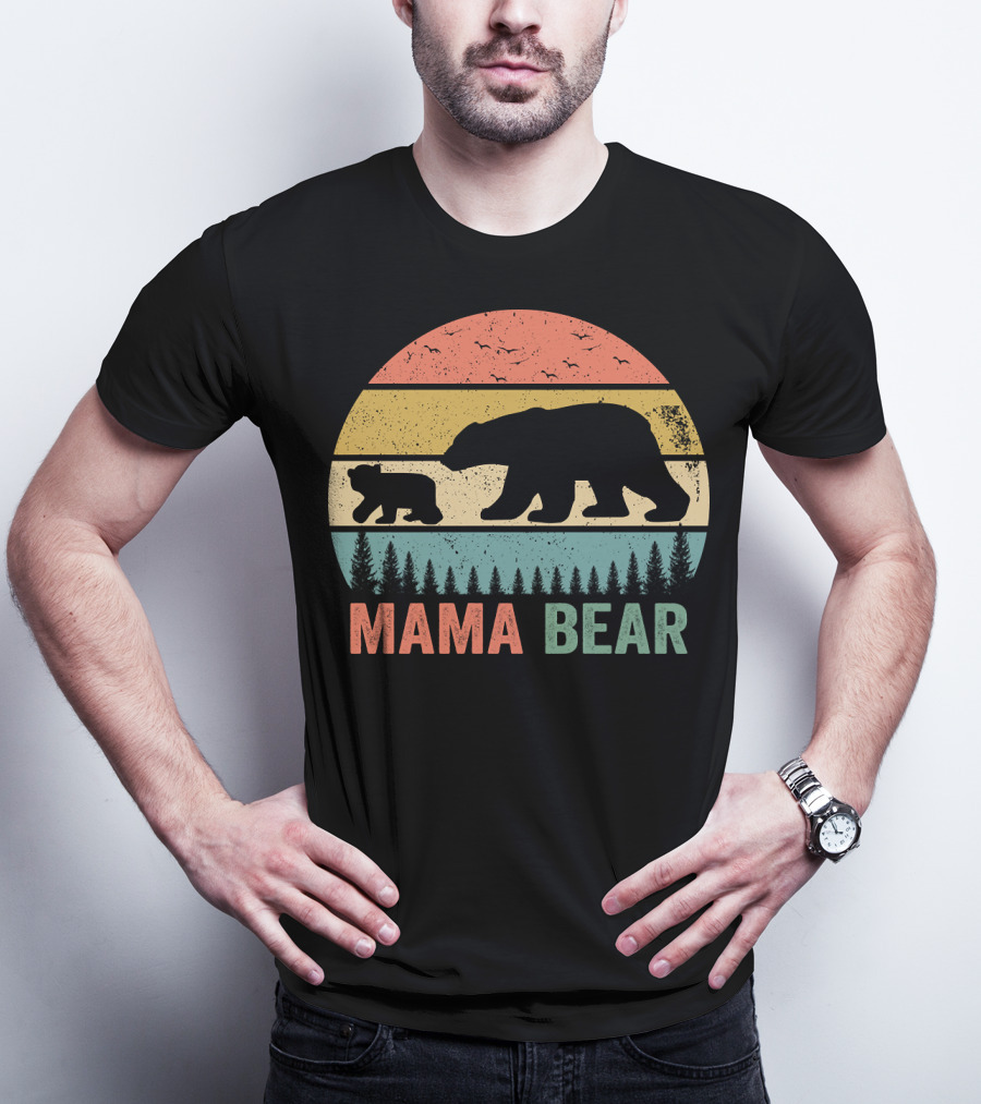 Mama Bear With Baby Cub Retro Sunset Silhouette Nature Scene T-Shirt
