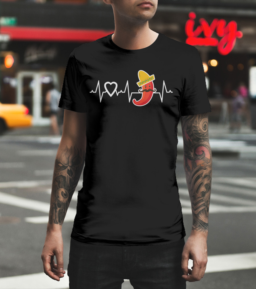 Chili Pepper Love Heartbeat Mexican Food Pepper Sombrero T-Shirt