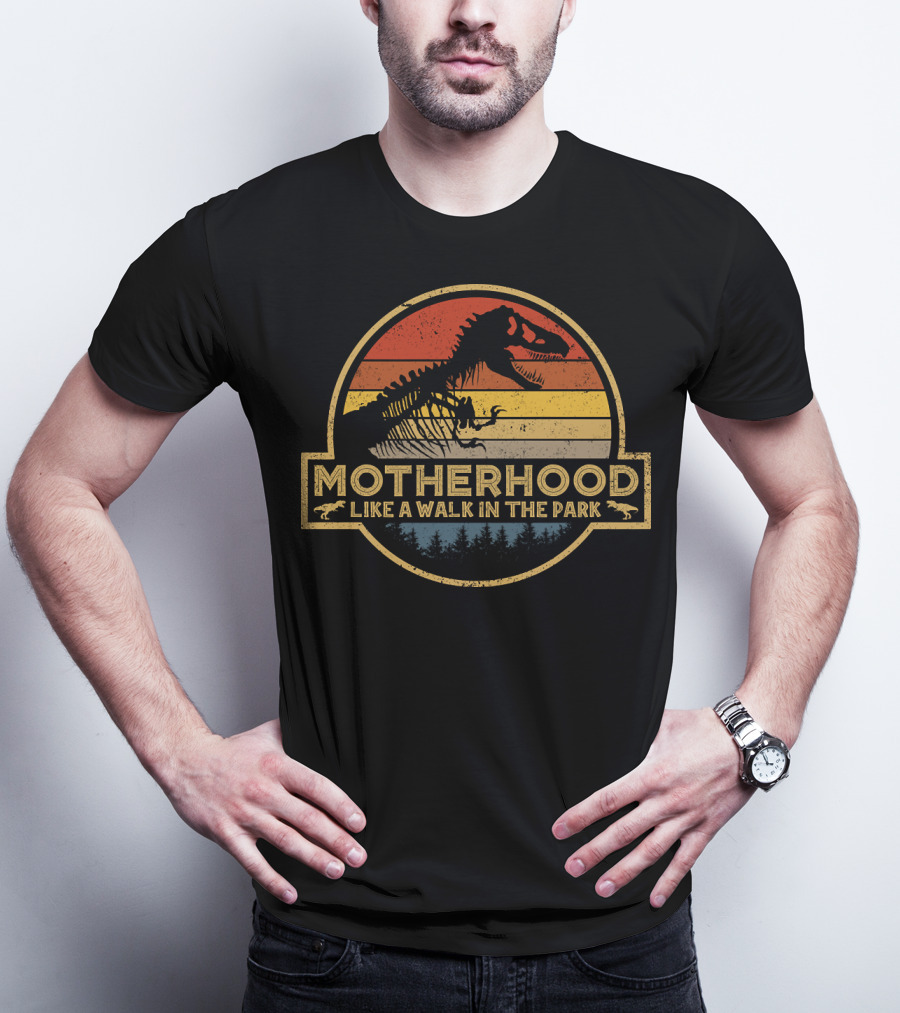 Motherhood Like A Walk In The Park Dinosaur Silhouette Retro T-Shirt
