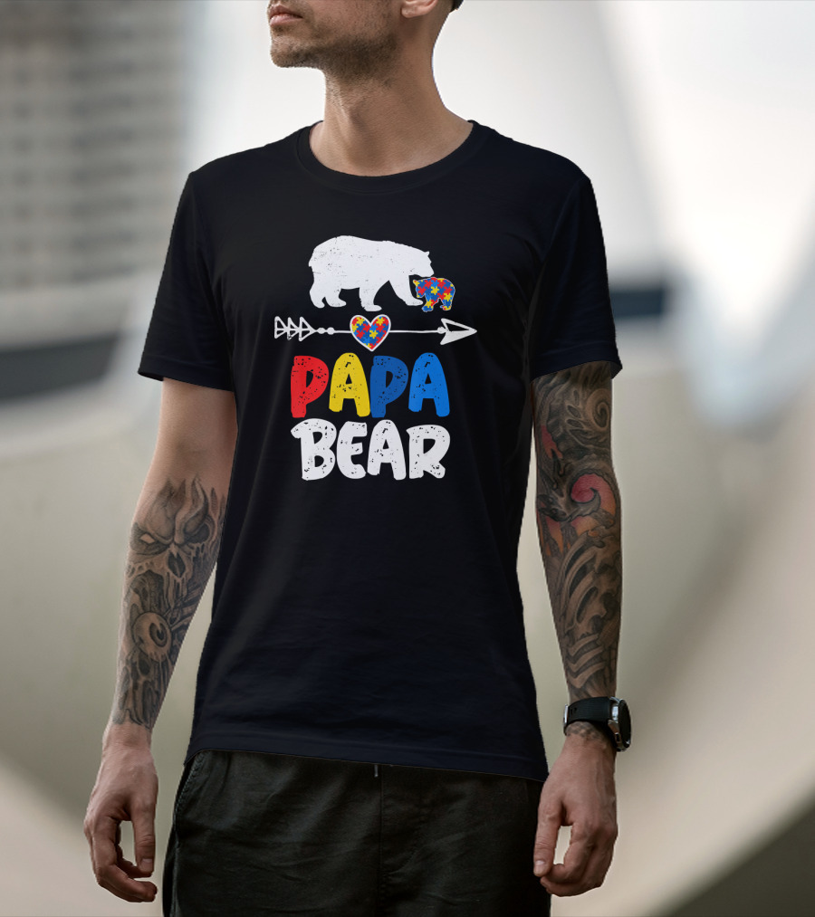 Papa Bear Autism Awareness Puzzle Arrow Heart T-Shirt
