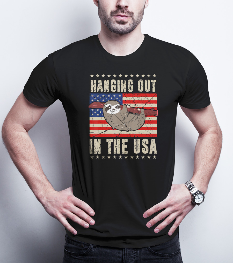Sloth Hanging Out In The USA America Flag T-Shirt