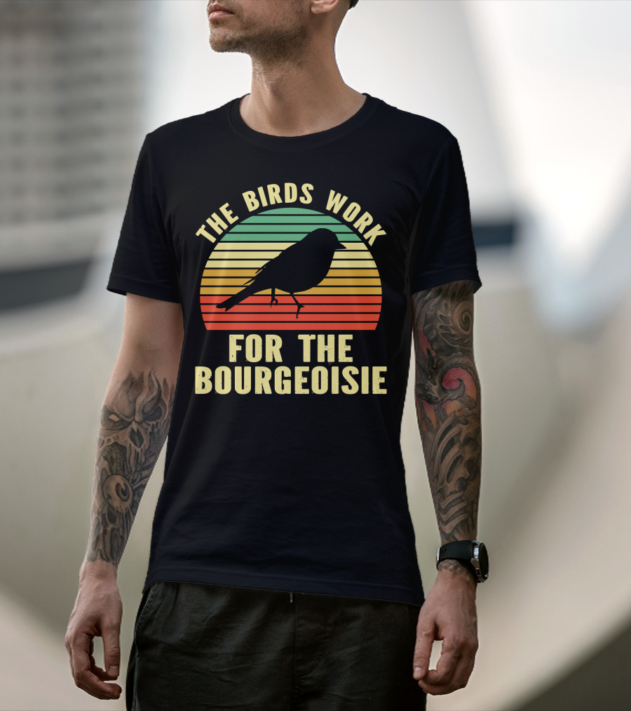 The Birds Work For The Bourgeoisie Retro Silhouette Bird Sunset Stripe T-Shirt