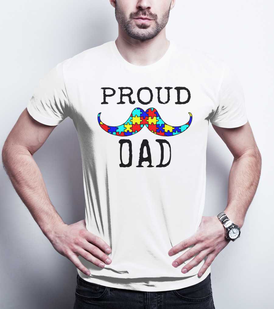 Proud Dad Autism Puzzle Mustache T-Shirt