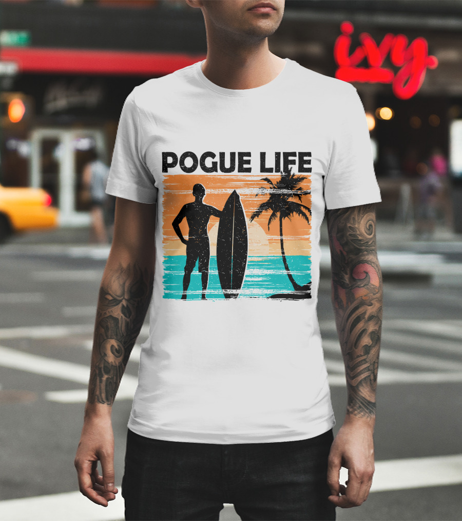 Pogue Life Outer Banks OBX Surf Silhouette Beach Sunset Palm Tree T-Shirt
