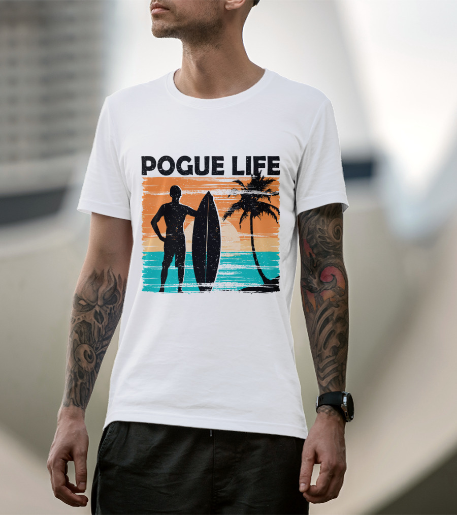 Pogue Life Outer Banks OBX Surf Silhouette Beach Sunset Palm Tree T-Shirt