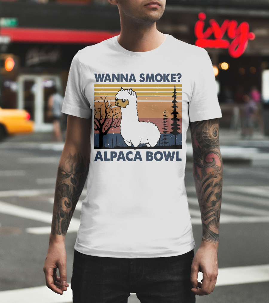 Wanna Smoke Alpaca Bowl Vintage Forest Sunset Alpaca T-Shirt