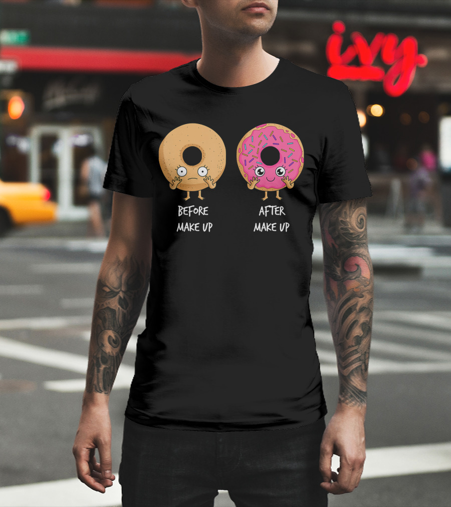 Donut Transformation Before After Makeup With Sprinkles T-Shirt