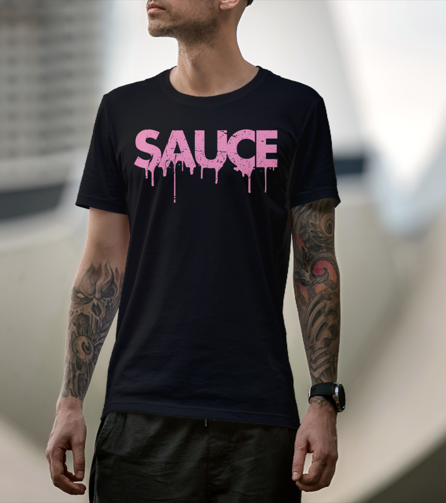 Sauce Melting Dripping Messy Saucy Pink Grunge Text T-Shirt