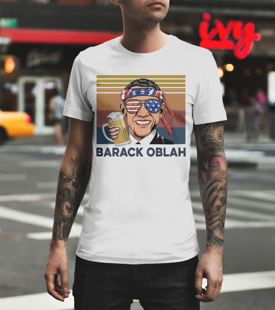 Barack Obama Oblah Drink Vintage USA Flag Headband And Stars Stripes Shades With Beer Mug T-Shirt