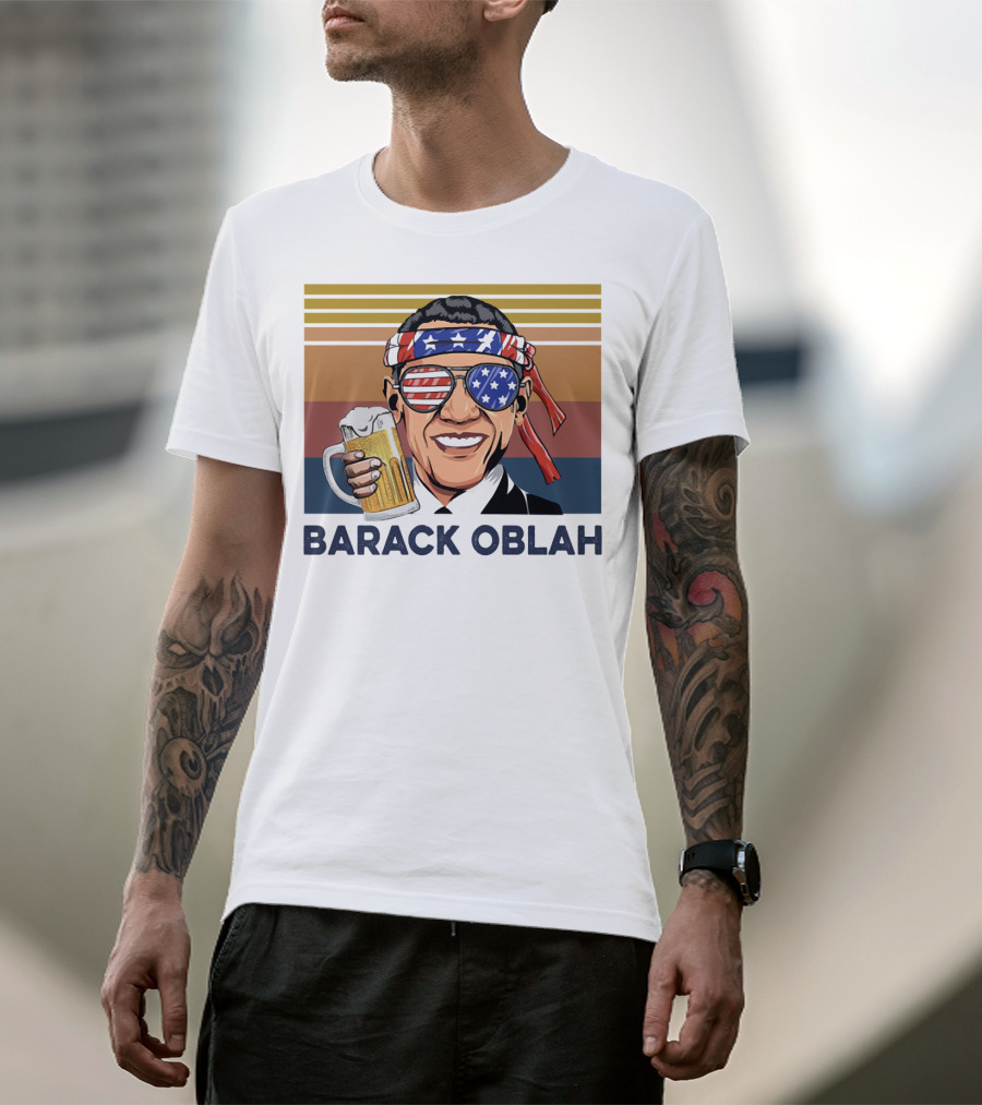 Barack Obama Oblah Drink Vintage USA Flag Headband And Stars Stripes Shades With Beer Mug T-Shirt