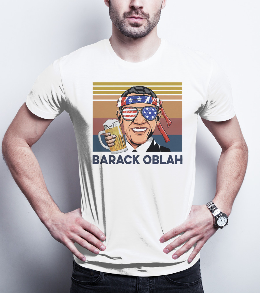 Barack Obama Oblah Drink Vintage USA Flag Headband And Stars Stripes Shades With Beer Mug T-Shirt