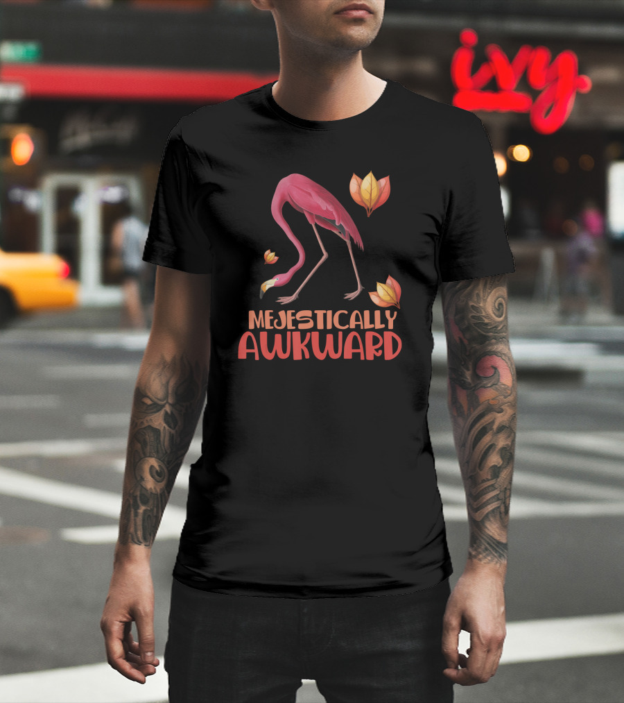 Majestically Awkward Flamingo With Colorful Leaves T-Shirt