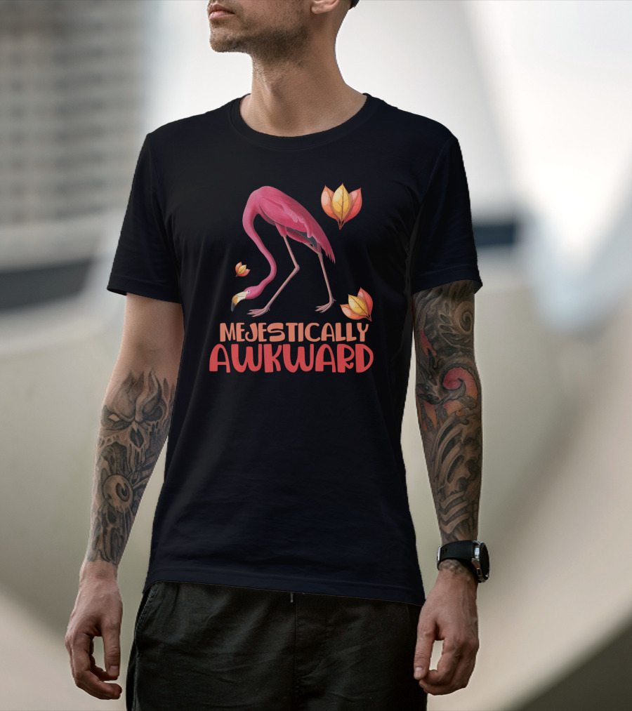 Majestically Awkward Flamingo With Colorful Leaves T-Shirt