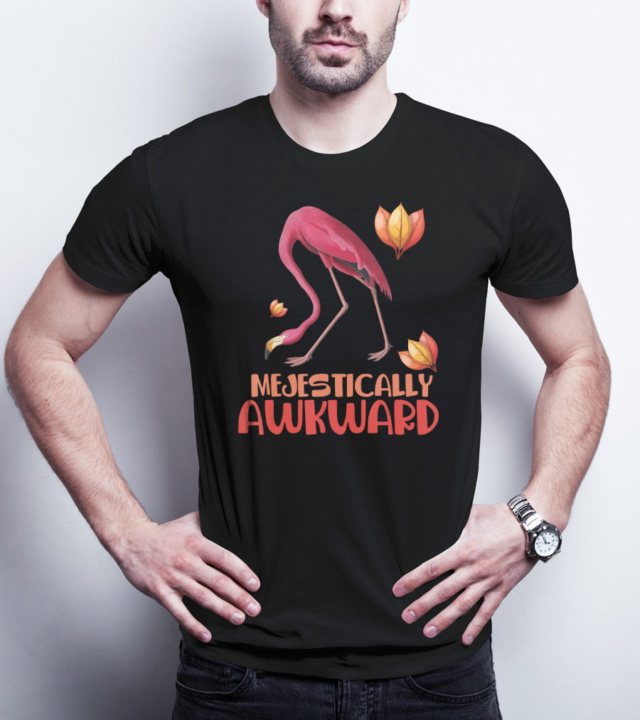 Majestically Awkward Flamingo With Colorful Leaves T-Shirt