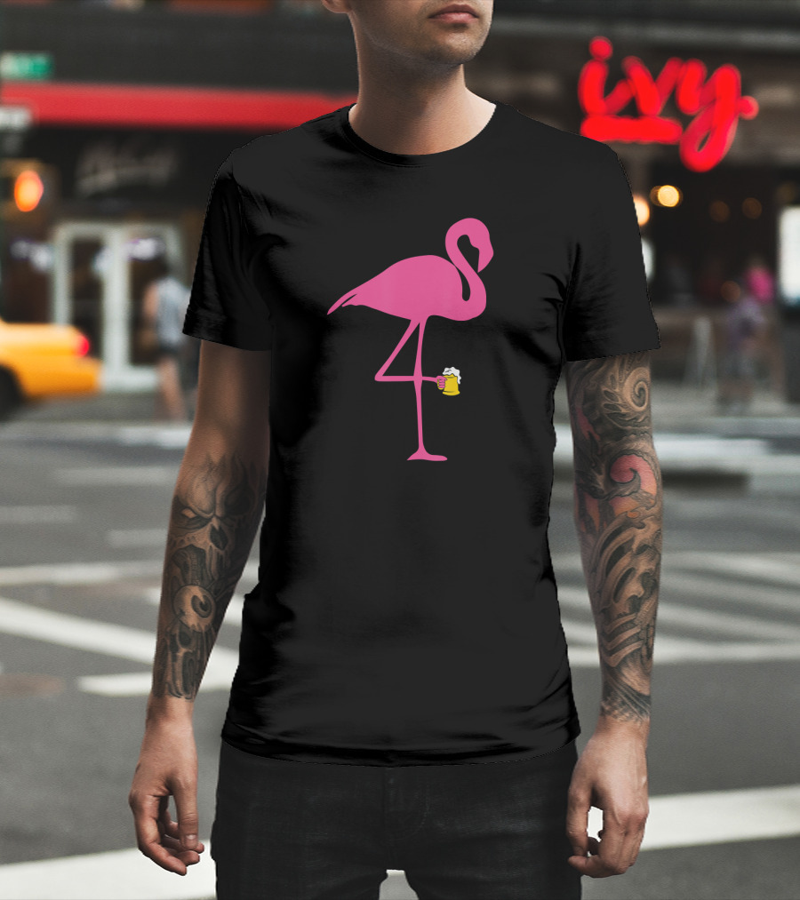 Flamingo Holding Beer Mug Lover T-Shirt