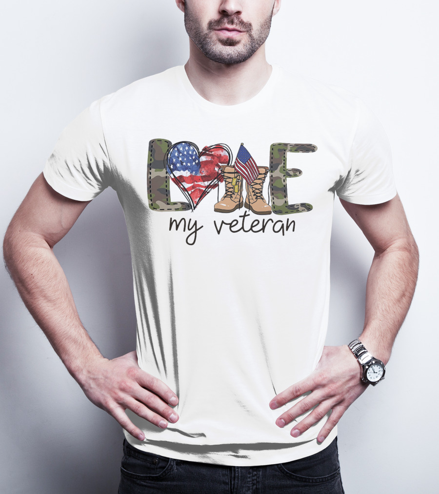 Love Camouflage Heart Boots American Flag My Veteran T-Shirt