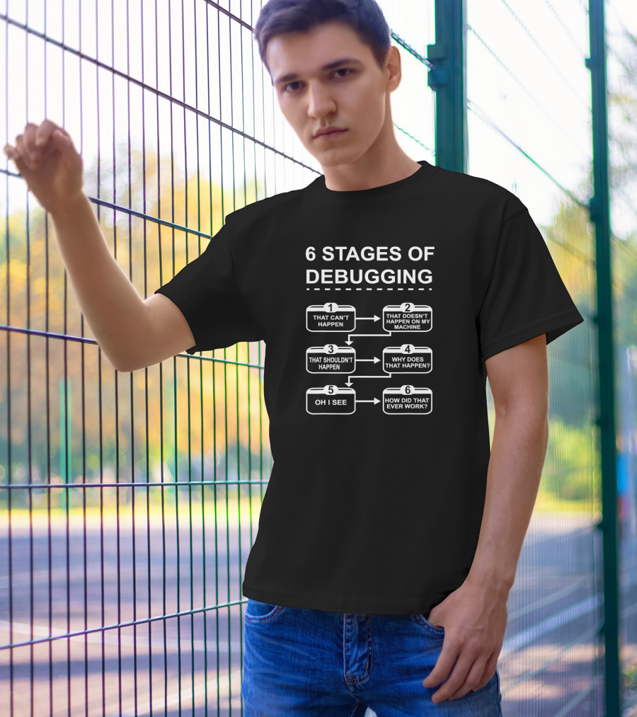 6 Stages Of Debugging: That Can't Happen, Doesn't Happen On My Machine, Shouldn't Happen, Why Does That Happen, Oh I See, How Did That Ever Work T-Shirt