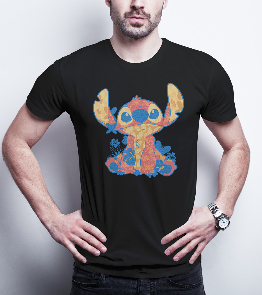 Disney Lilo Stitch Orange Blue Hawaiian Floral T-Shirt