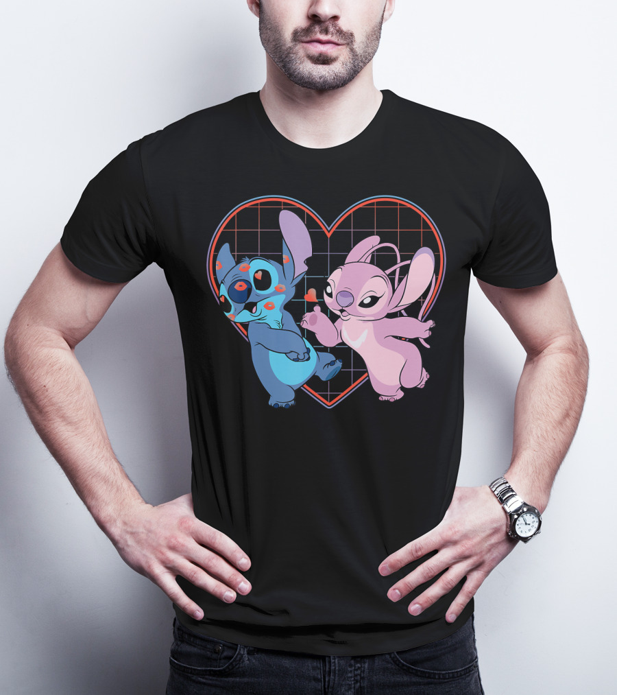 Disney Lilo And Stitch Angel Heart Grid Love T-Shirt