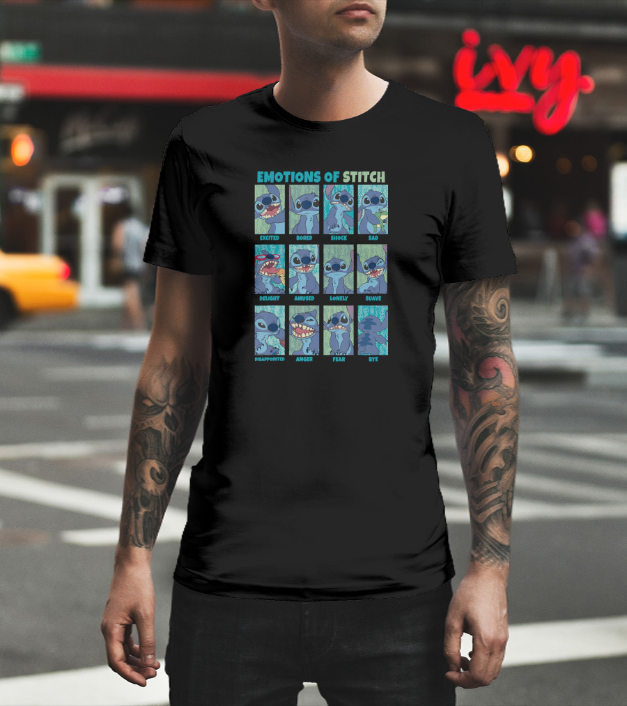 Disney Lilo And Stitch Excited Bored Shock Sad Delight Amused Lonely Suave Disappointed Anger Fear Bye Emotions Of Stitch T-Shirt